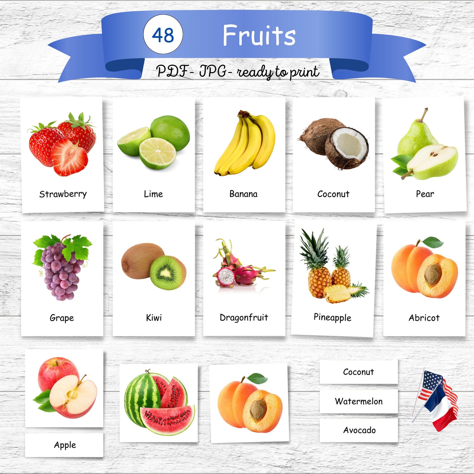 FRUITS Montessori Cards, Editable Cards, Montessori Printable, Flash ...