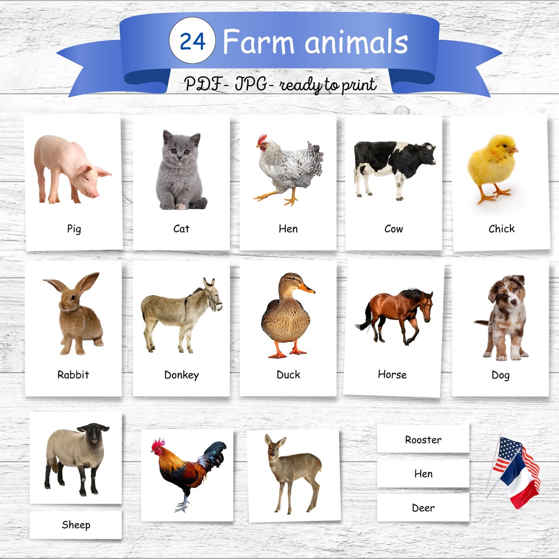 FARM ANIMALS Cards, Pre-school Cards, Montessori Printable, Flash Cards ...