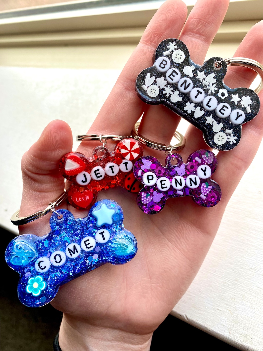 Custom Resin Dog Bone Keychain Accessory With Letter Beads Personalized ...