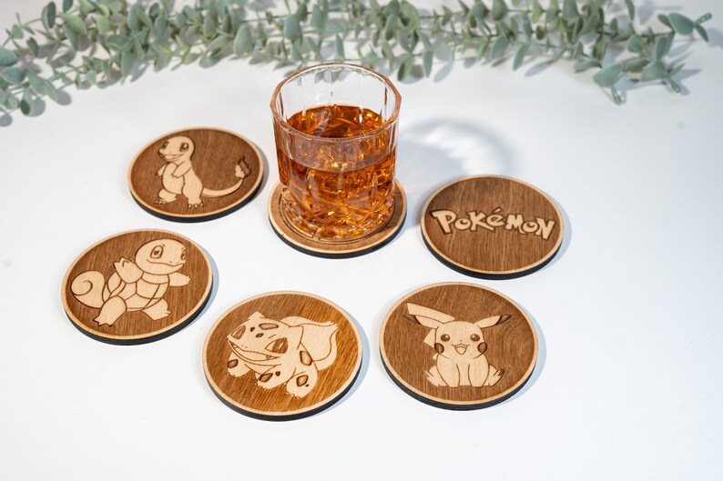 Set of 6 Pokemon Wooden Coasters Pikachu, Logo, Charmander, Squirtle ...