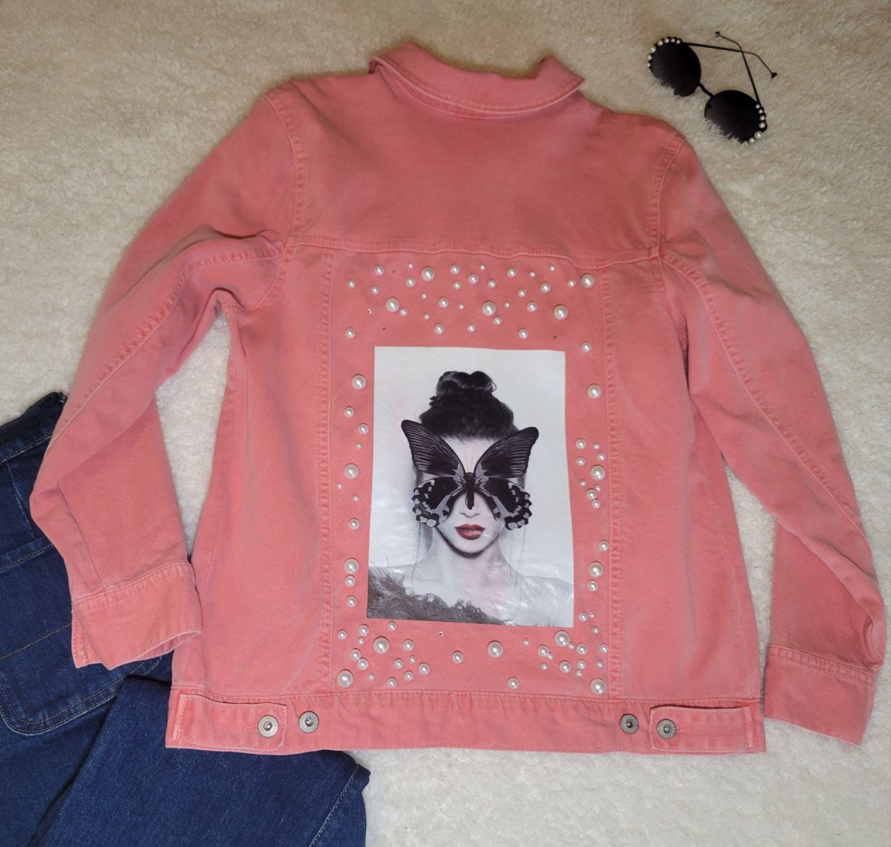 Pink Glitter Denim Jacket Women's Long Sleeve Denim Jacket Pink Jacket ...