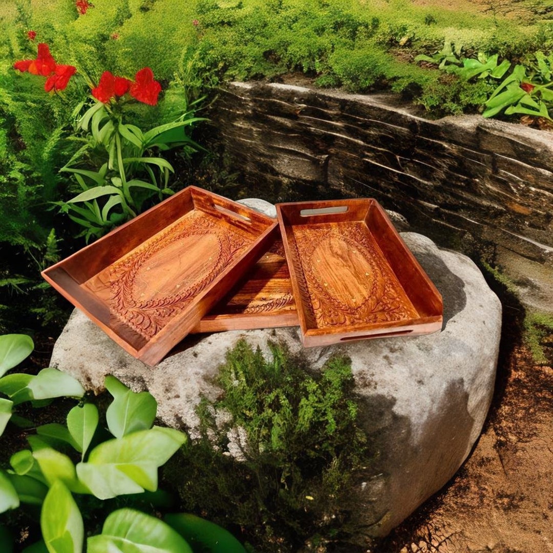 Handcrafted Wooden Serving Tray Set With Brass Work Set of 3 Rustic ...