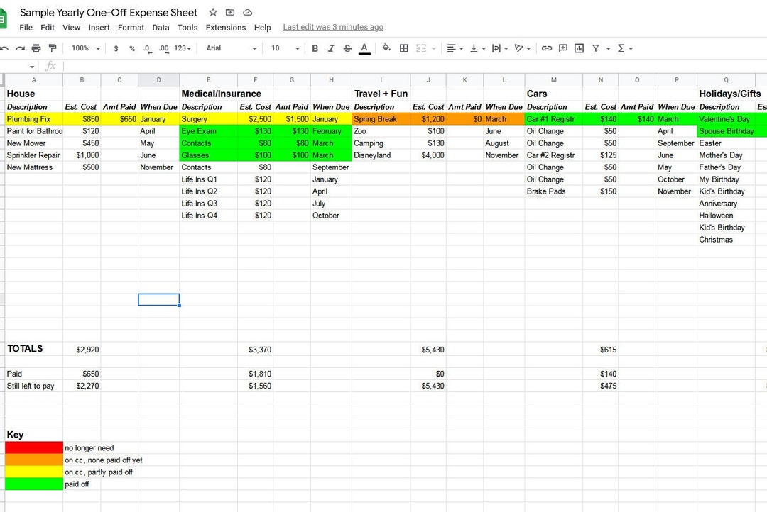 Estimated Yearly One off Expenses Budgeting Spreadsheet - Etsy
