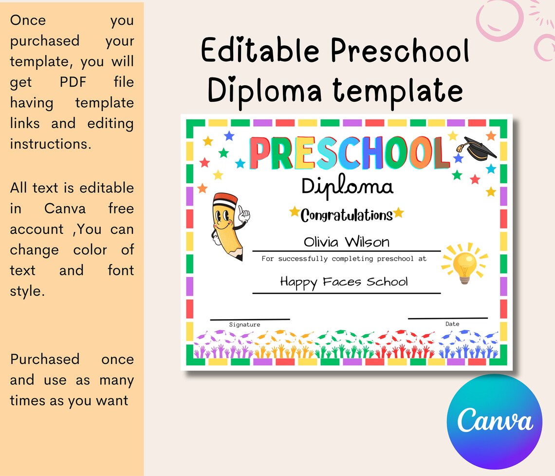 Editable Preschool Graduation Diploma , Graduation Certificate, Last ...