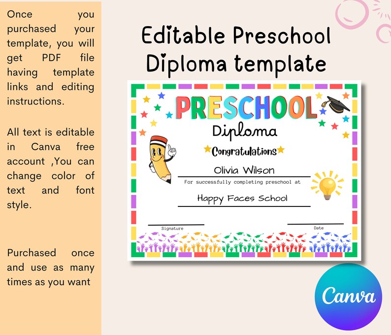 Editable Preschool Graduation Diploma , Graduation Certificate, Last ...