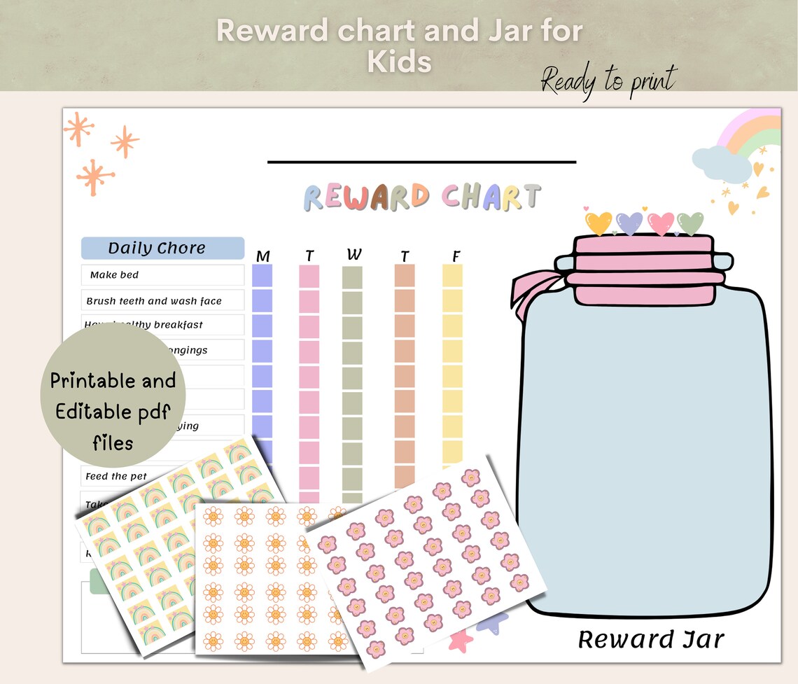 Reward Chart for Kids, Printable Classroom Reward Tokens, Reward Jar ...