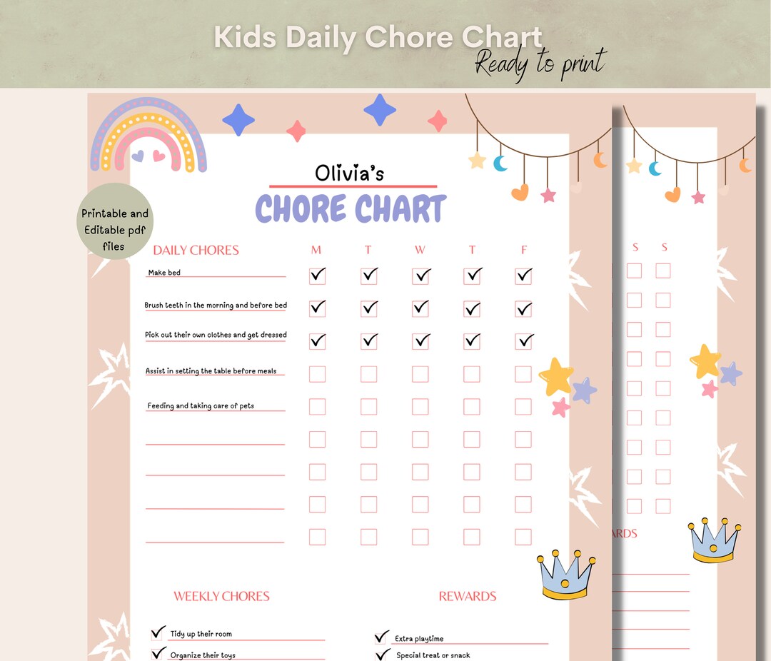 Chore Chart Printable for Kids , Daily Chores Template, Editable Chore ...