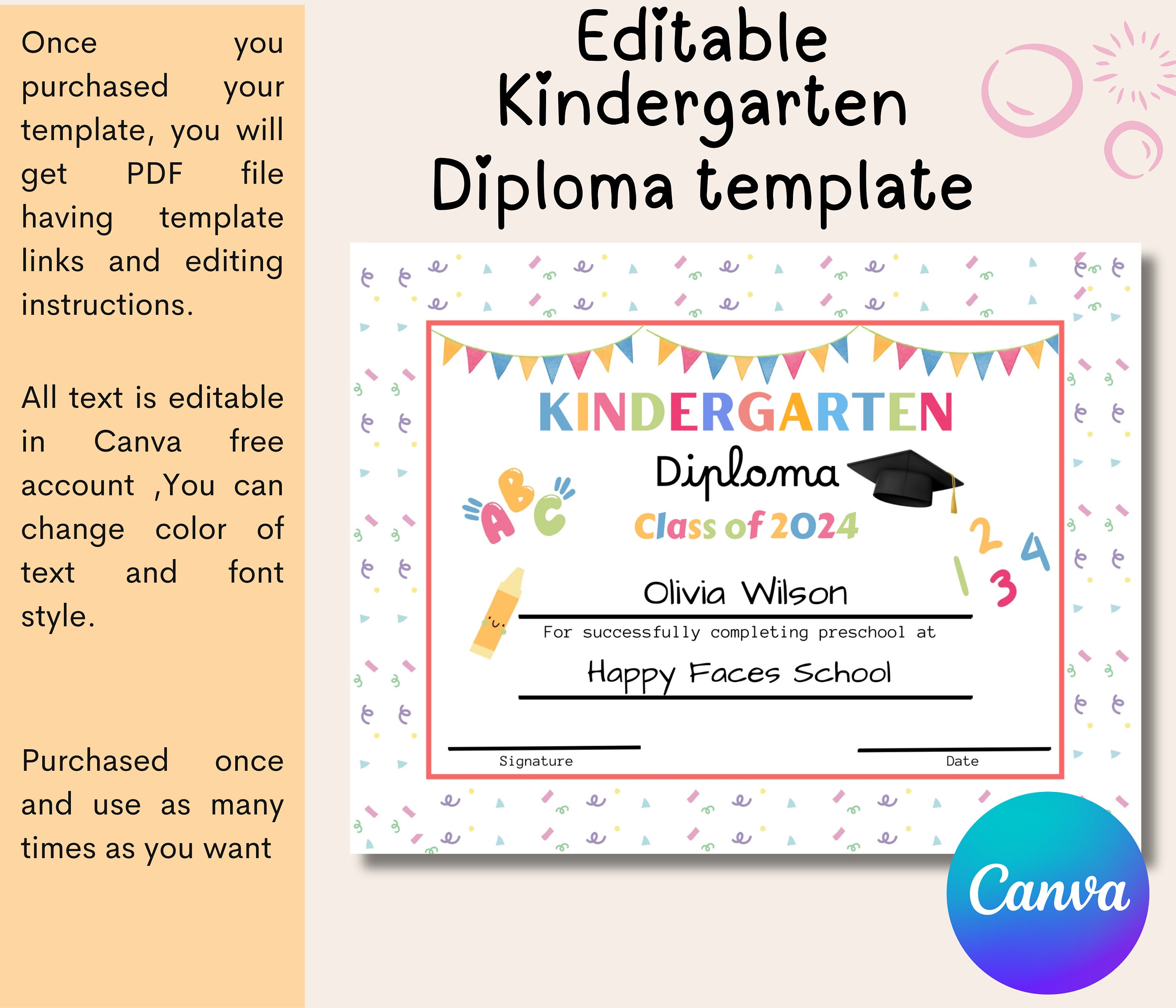 Editable Kindergarten Diploma Template, Kindergarten Graduation ...