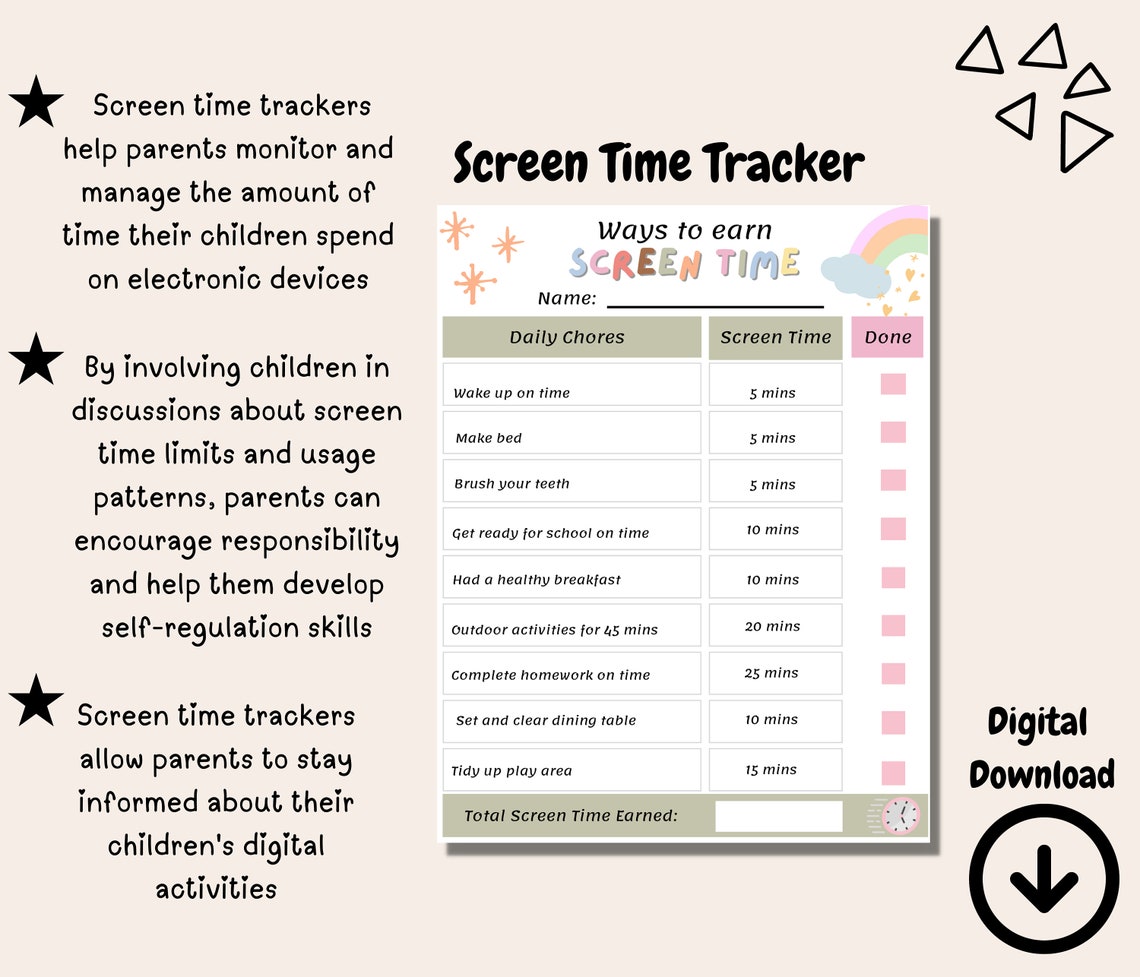 Screen Time Tracker for Kids, Editable Screen Time Checklist, Earn ...
