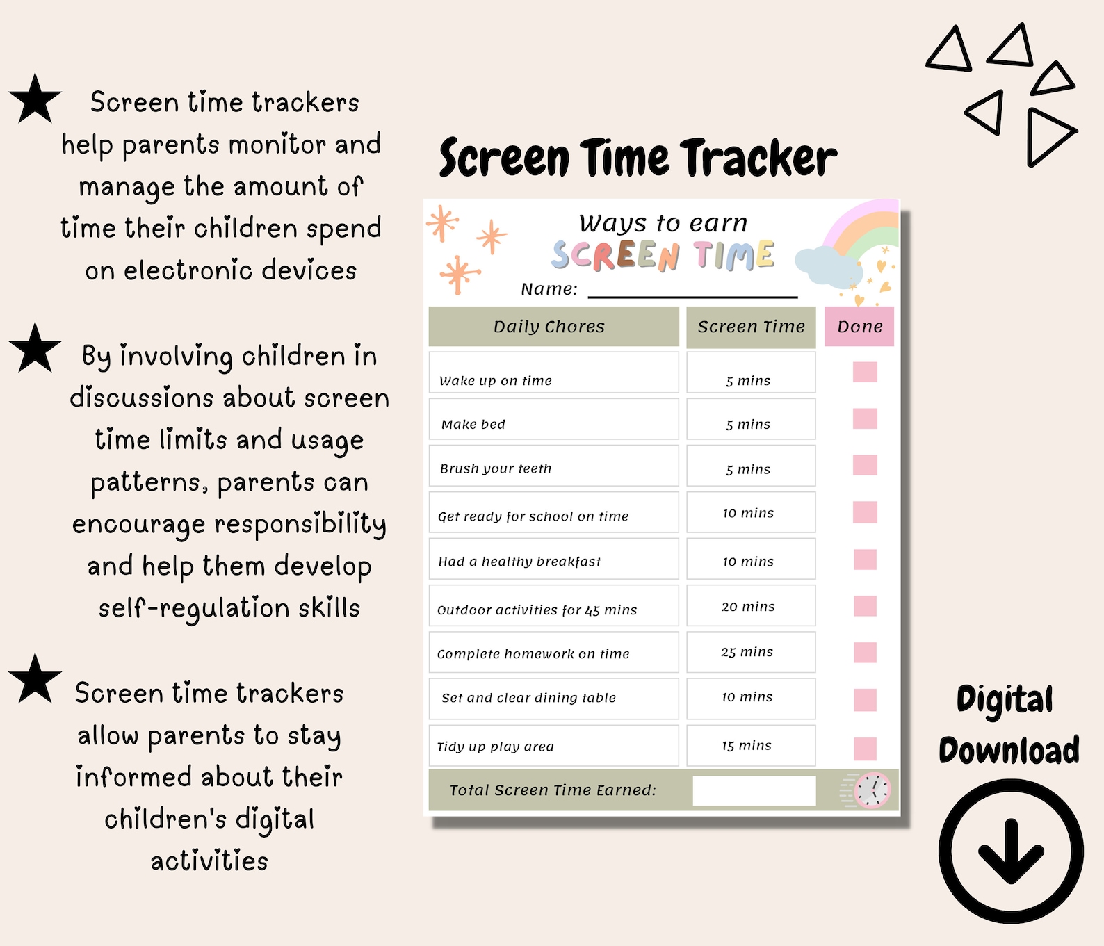 Screen Time Tracker for Kids, Editable Screen Time Checklist, Earn ...