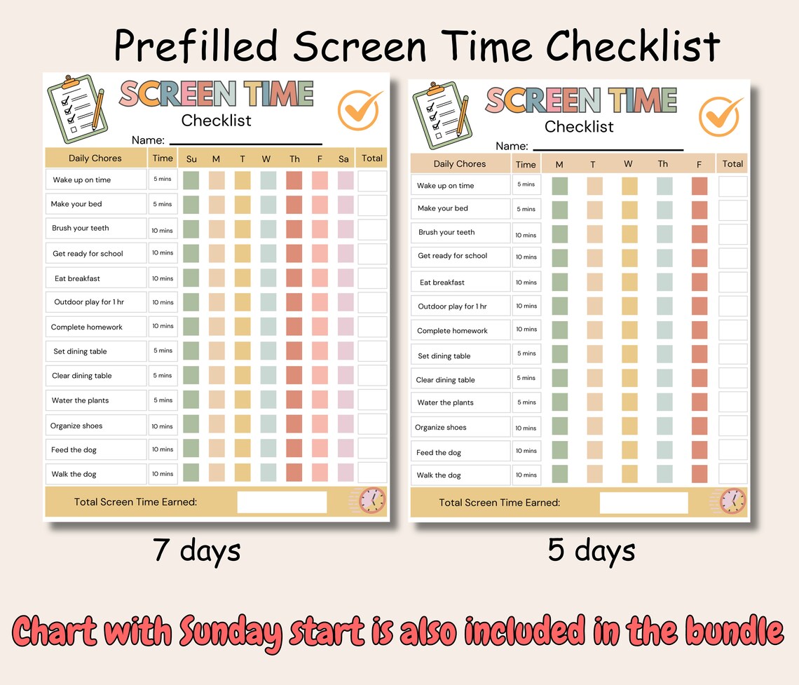Screen Time Checklist for Kids, Screen Time Tokens, Screen Time ...