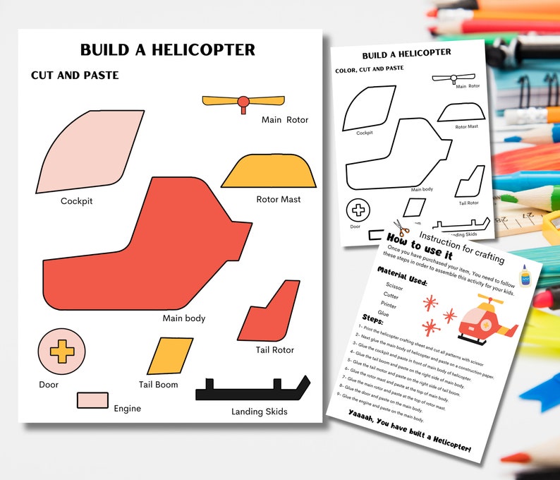 Cut and Paste Printable Helicopter Activity, Preschool Cutting Practice ...