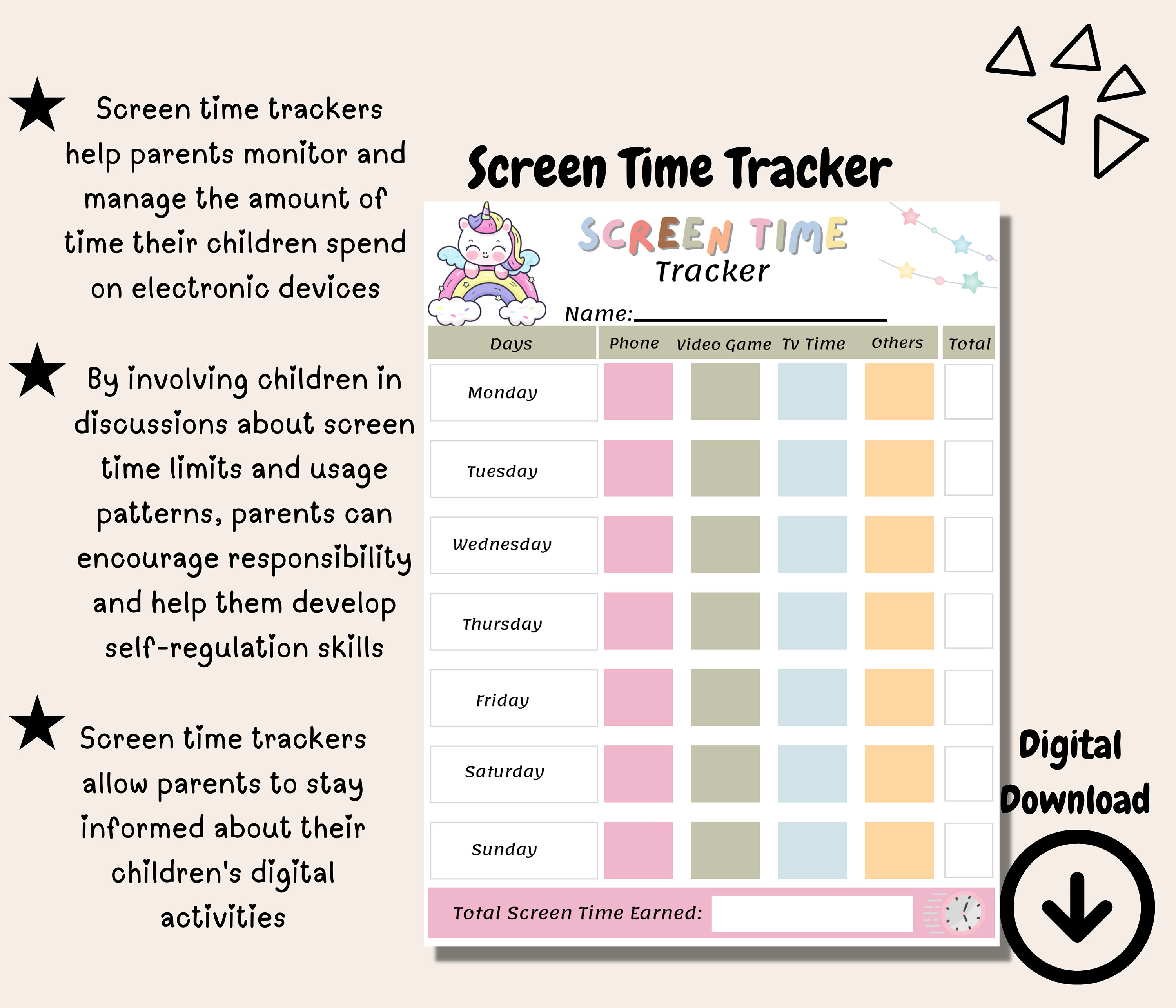 Screen Time Tracker for Kids, Printable Weekly Screen Time Tracker ...