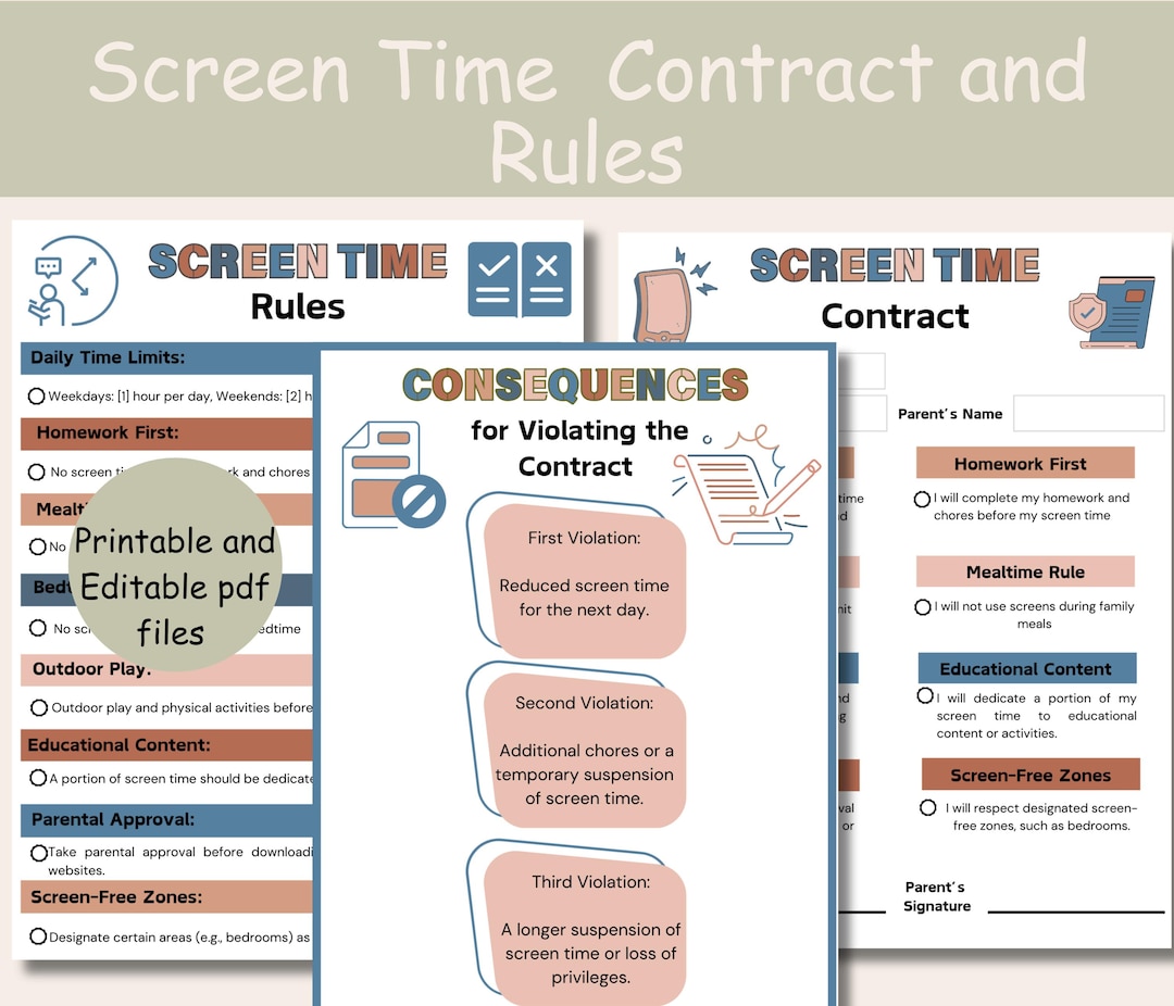 Screen Time Contract and Rules Chart Kids, Consequence Chart for ...