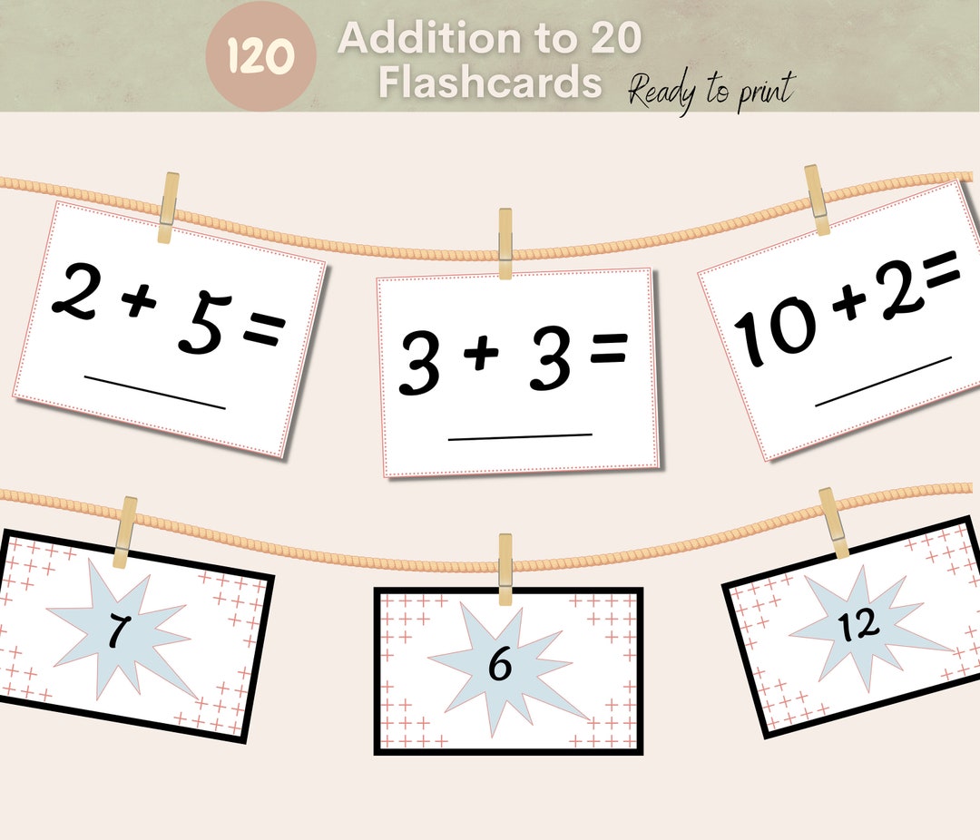 Addition to 20 Flashcards Printable, Montessori Addition Flashcards for ...