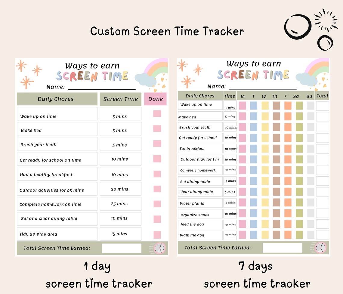 Screen Time Tracker for Kids, Editable Screen Time Checklist, Earn ...