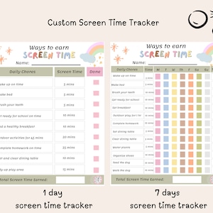 Screen Time Tracker for Kids, Editable Screen Time Checklist, Earn ...