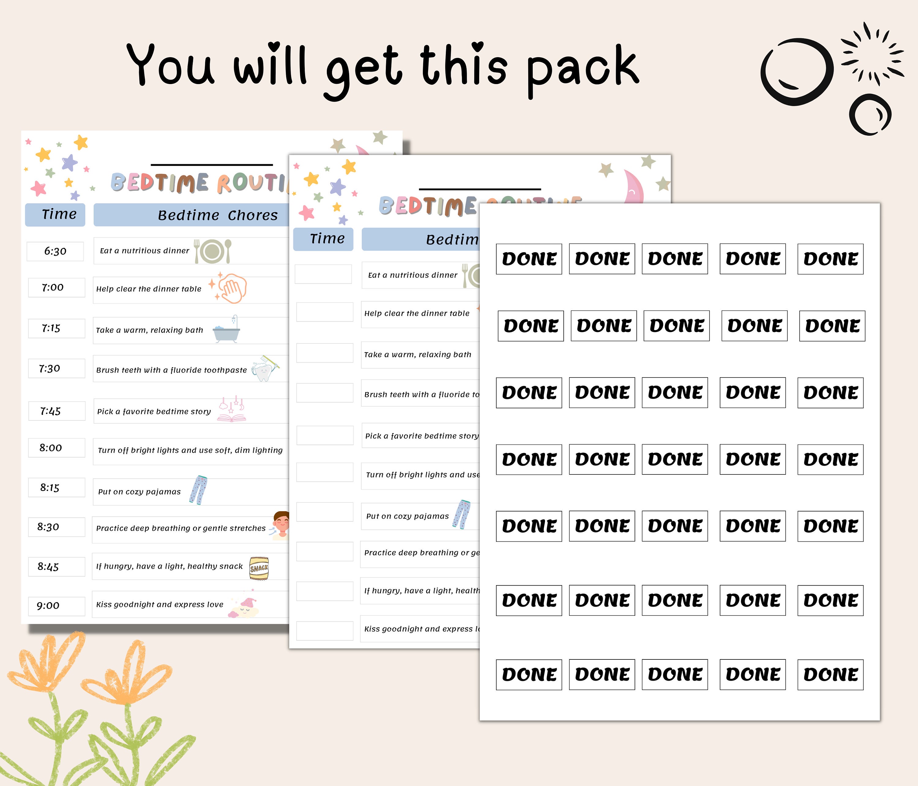 Bedtime Routine Chart Printable, Bedtime Visual Schedule, Nighttime ...