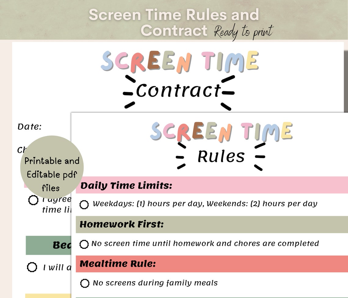 Screen Time Contract for Kids, Printable Screen Time Rules, Editable ...