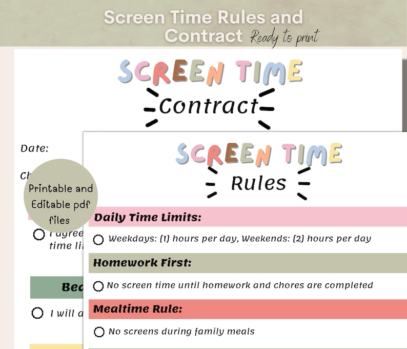 Screen Time Contract for Kids, Printable Screen Time Rules, Editable ...