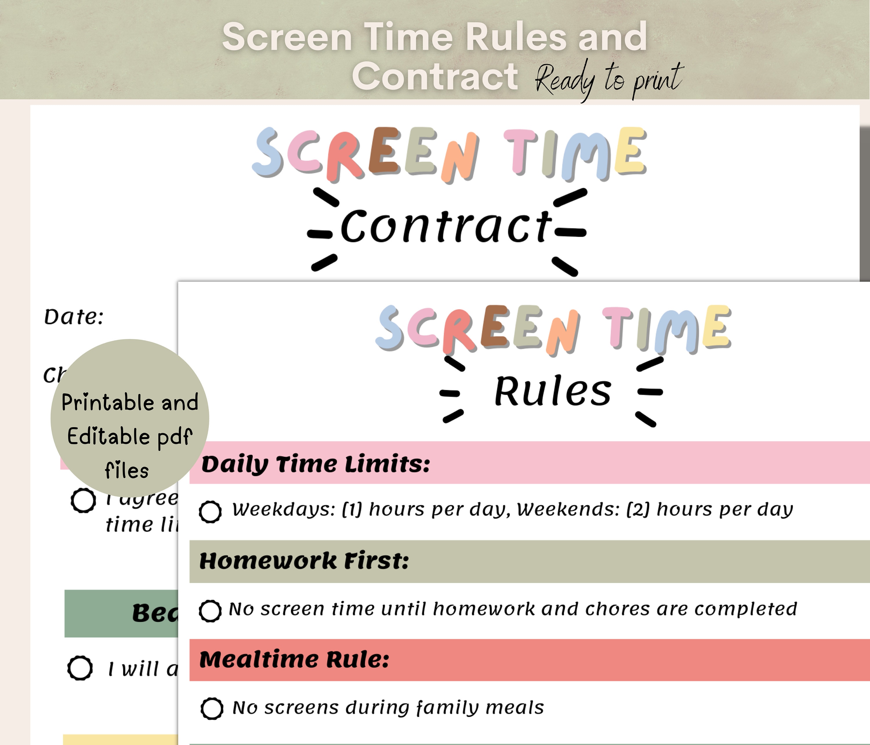 Screen Time Contract for Kids, Printable Screen Time Rules, Editable ...