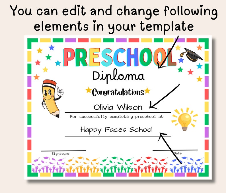 Editable Preschool Graduation Diploma , Graduation Certificate, Last ...