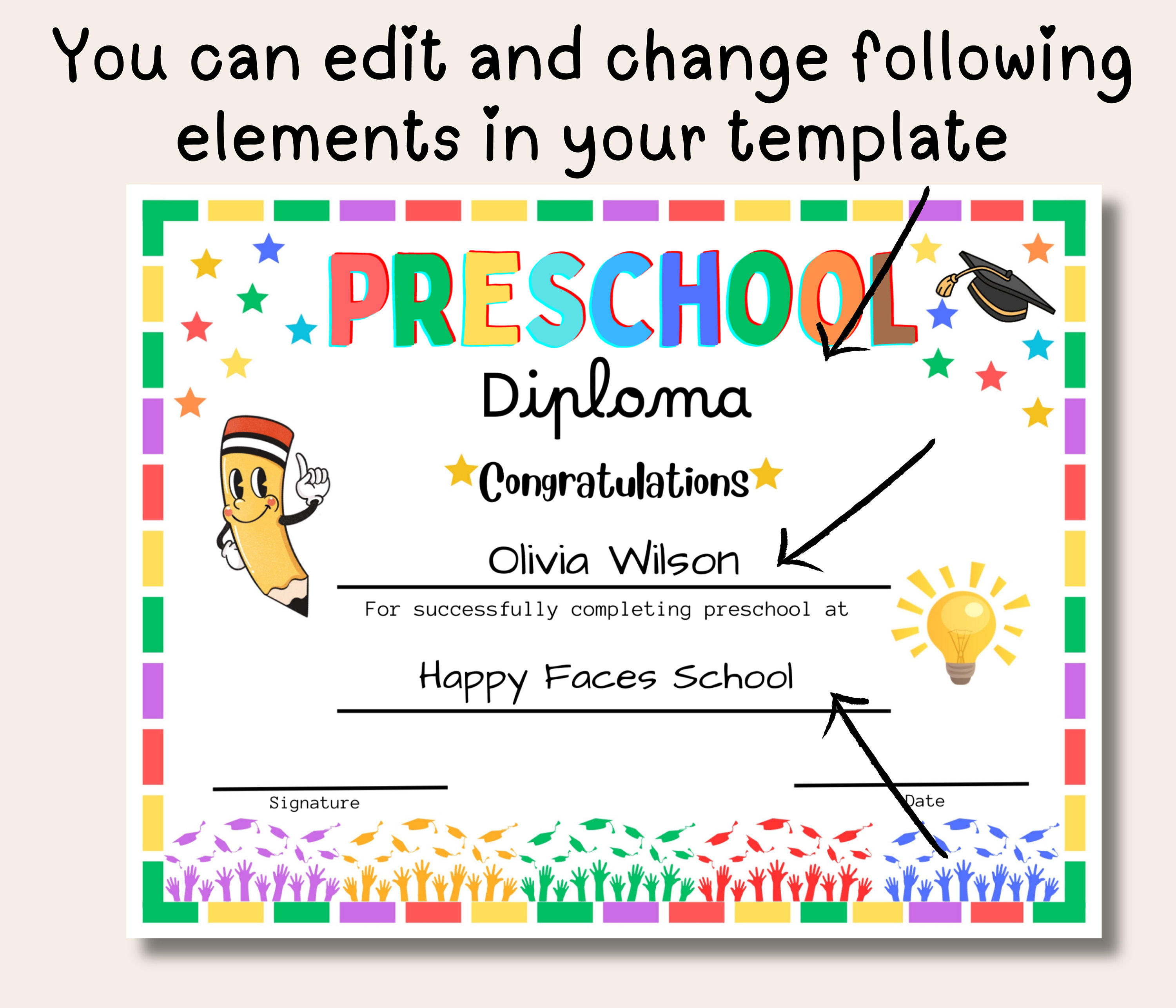 Editable Preschool Graduation Diploma , Graduation Certificate, Last ...