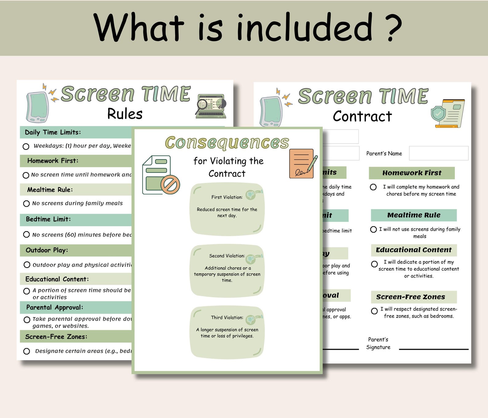 Screen Time Contract and Rules Chart Kids, Consequence Chart for ...