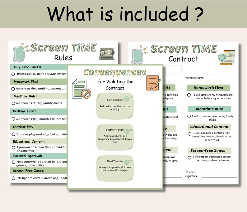 Screen Time Contract and Rules Chart Kids, Consequence Chart for ...