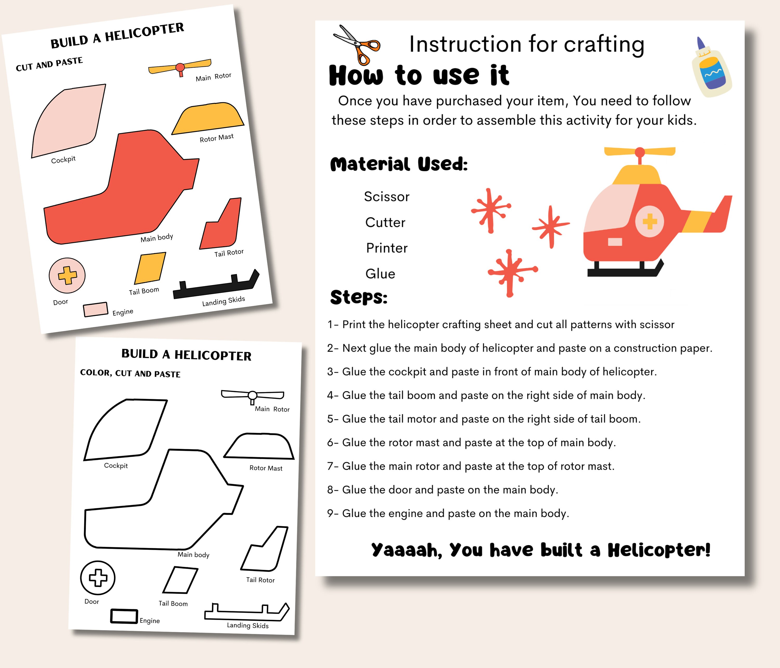 Cut and Paste Printable Helicopter Activity, Preschool Cutting Practice ...