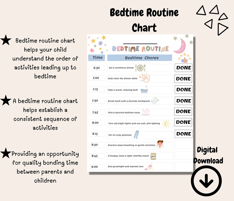 Bedtime Routine Chart Printable, Bedtime Visual Schedule, Nighttime ...
