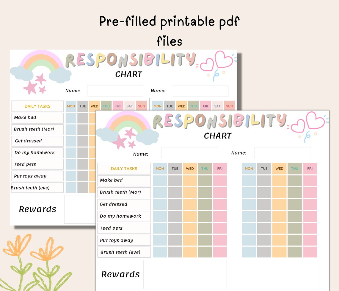Responsibility Chart Two Kids, Editable Kids Chore Chart ...