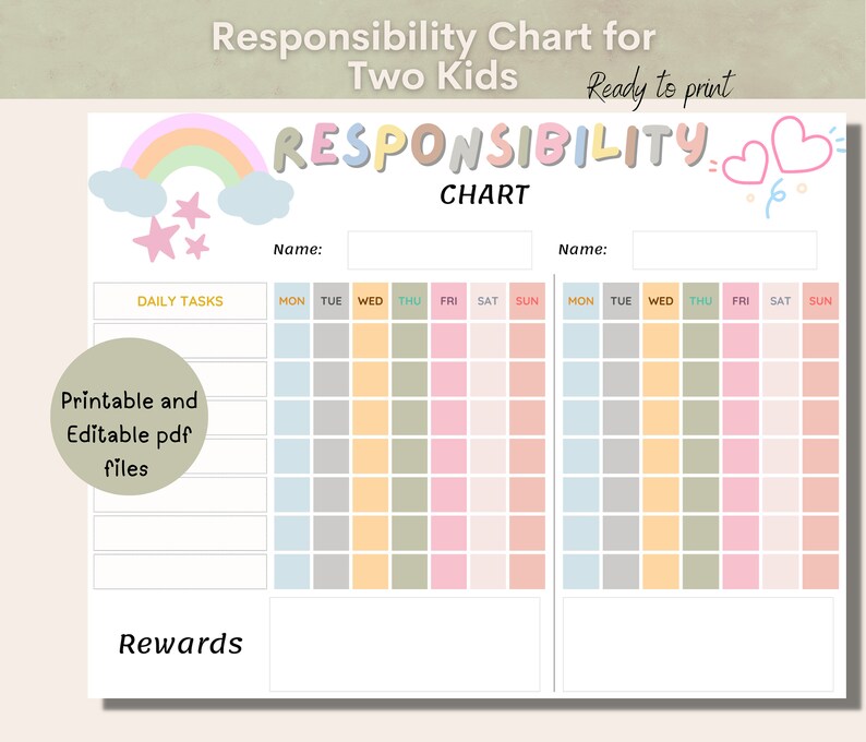 Responsibility Chart Two Kids, Editable Kids Chore Chart ...