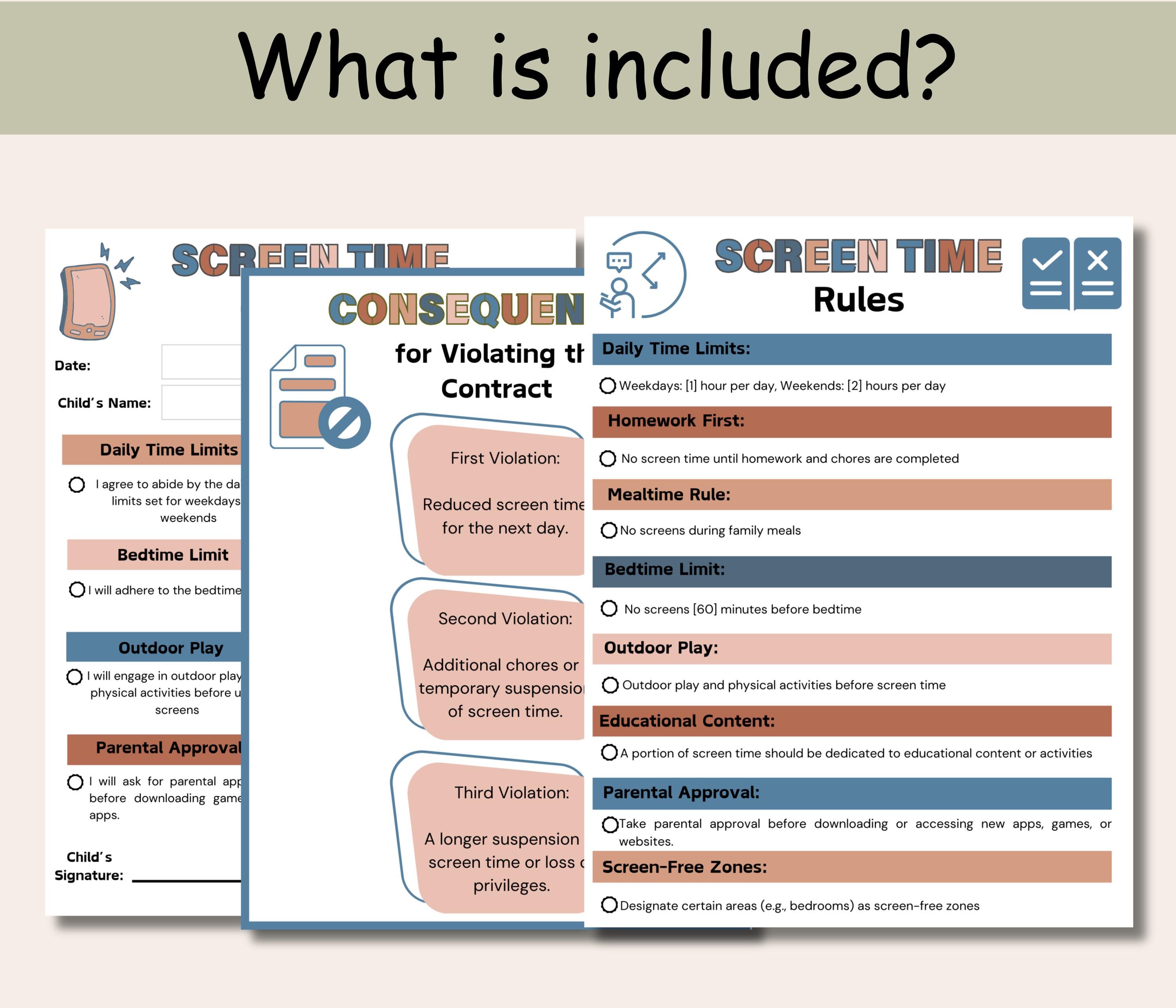 Screen Time Contract and Rules Chart Kids, Consequence Chart for ...