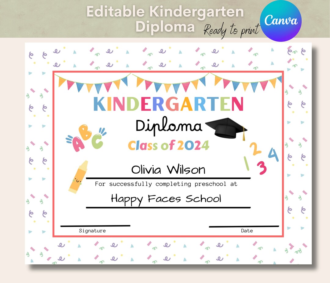 Editable Kindergarten Diploma Template, Kindergarten Graduation ...