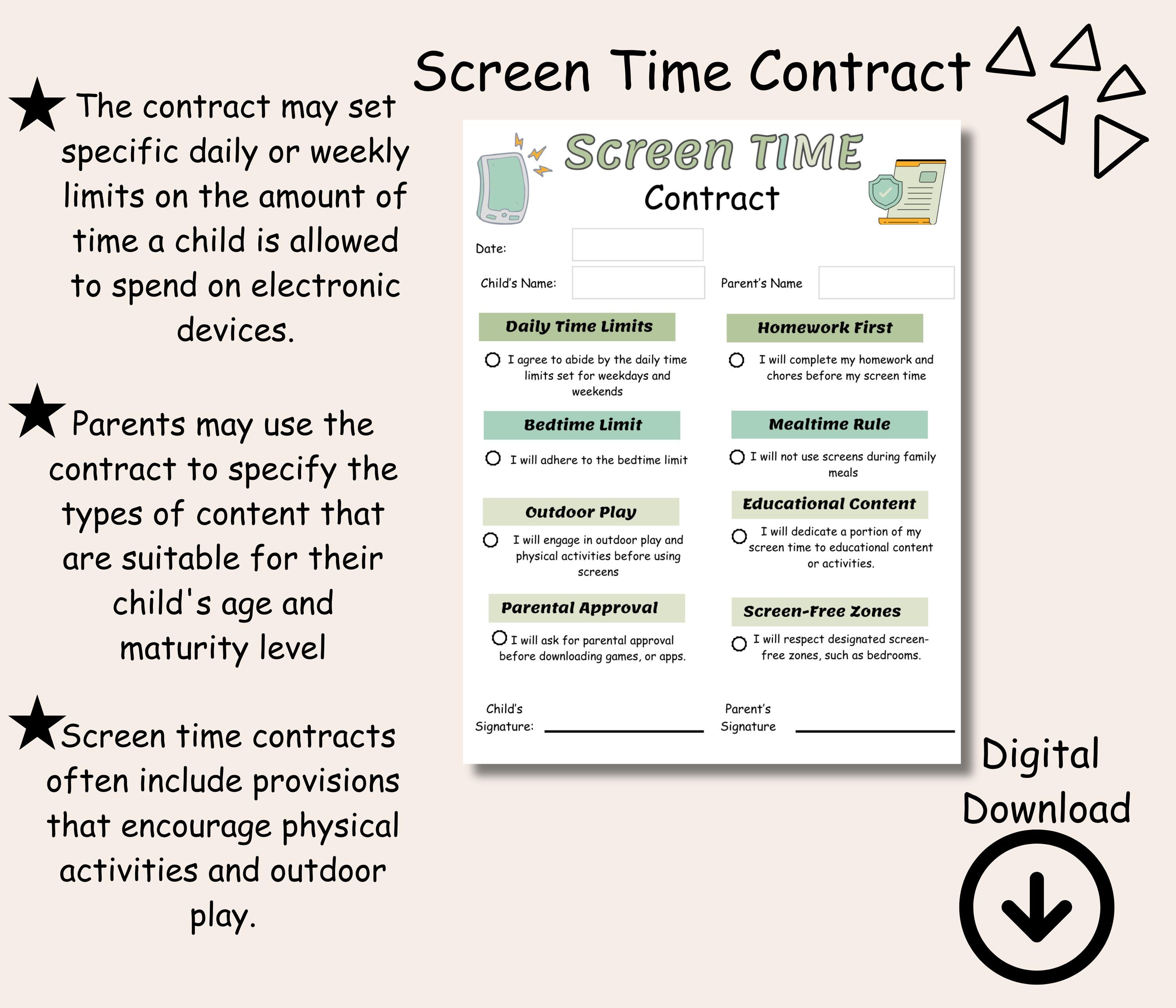 Screen Time Contract and Rules Chart Kids, Consequence Chart for ...