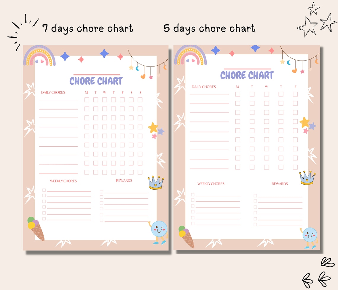 Chore Chart Printable for Kids Daily Chores Template - Etsy