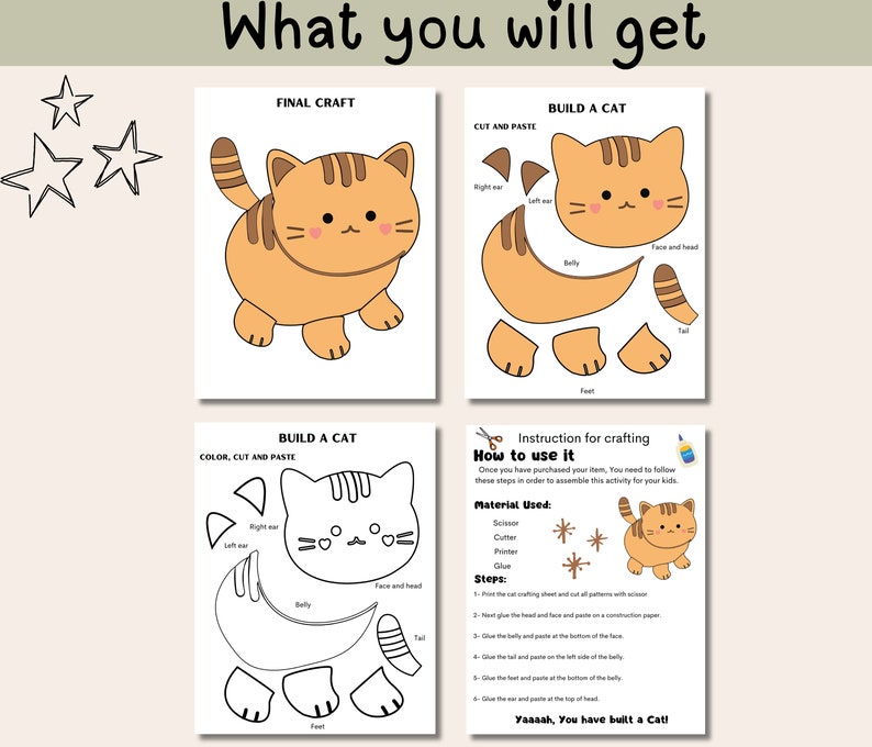 Cat Cut and Paste Activity for Kids, Printable Cut Glue Paste Worksheet ...