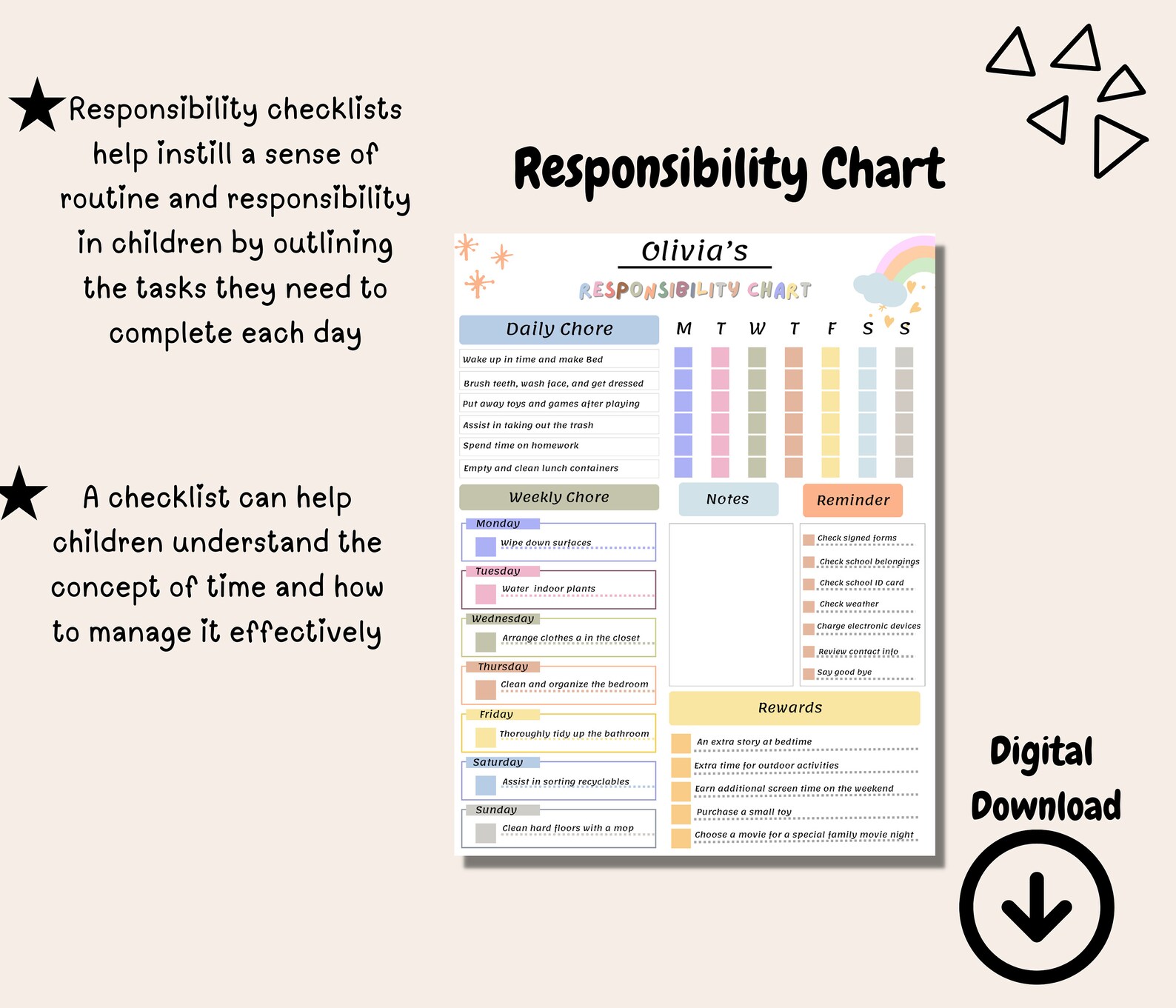 Responsibility Chart for Kids, Daily Chore Chart, Reward Chart ...