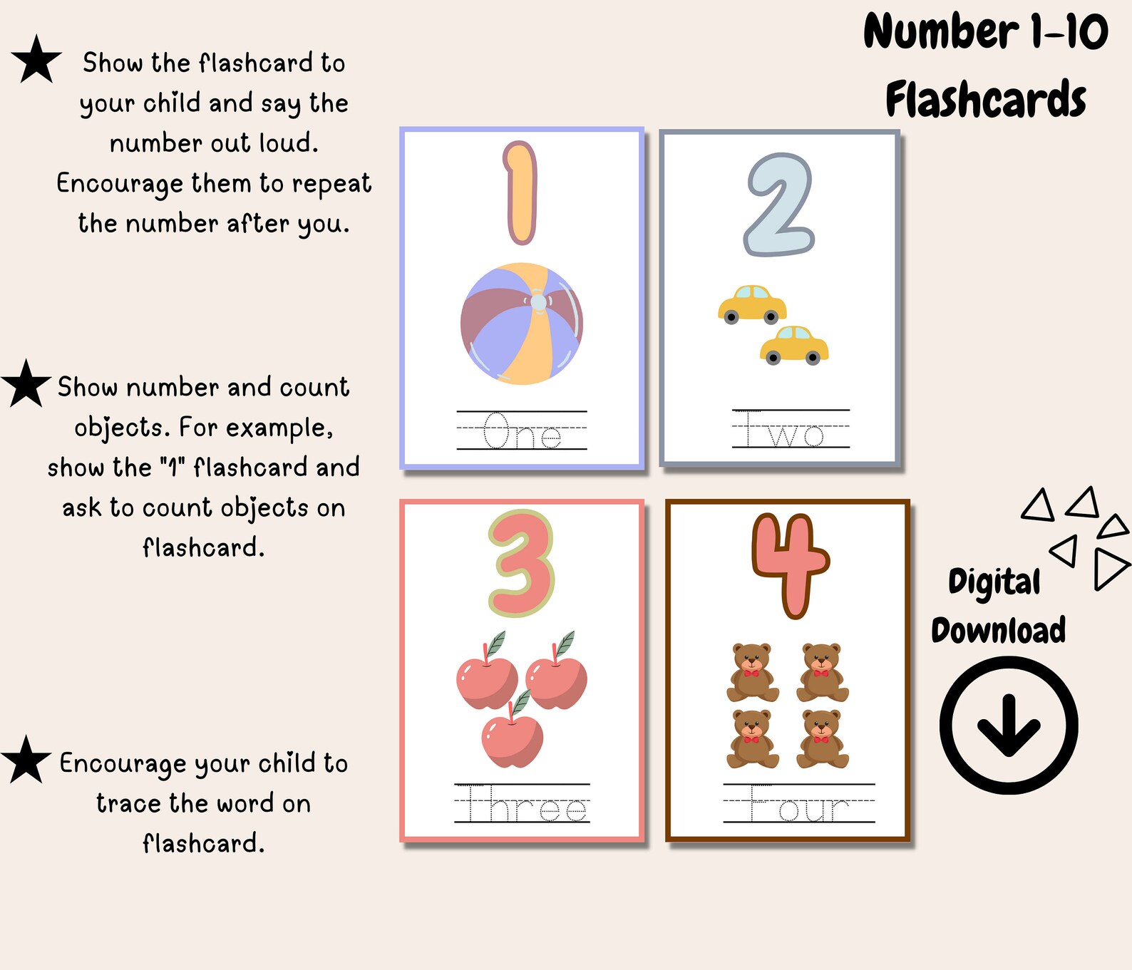Number Flash Cards, Preschool Counting Flash Cards, Number Cards 1-10 ...