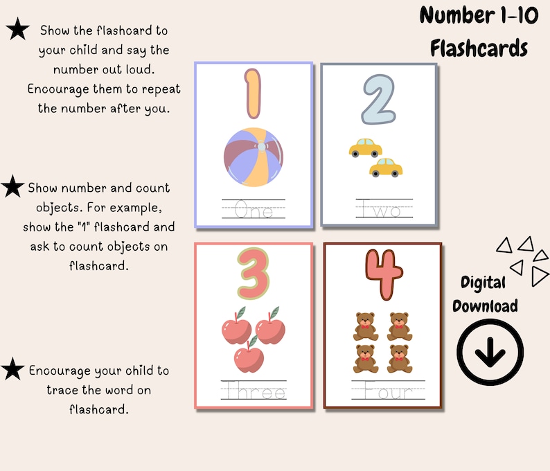Number 1-10 Flashcards for Kids, Printable Number Flashcards, Preschool ...