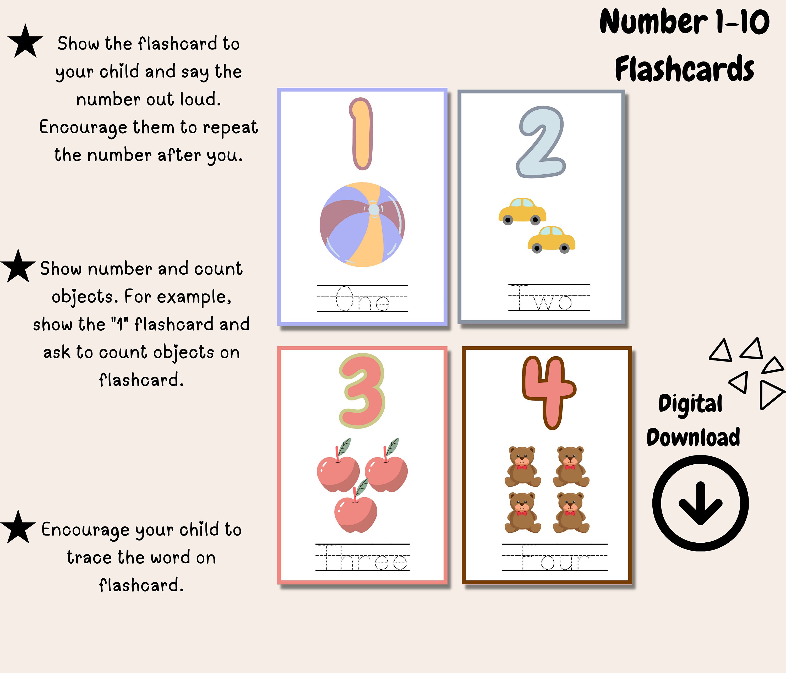 Number Flash Cards, Preschool Counting Flash Cards, Number Cards 1-10 ...