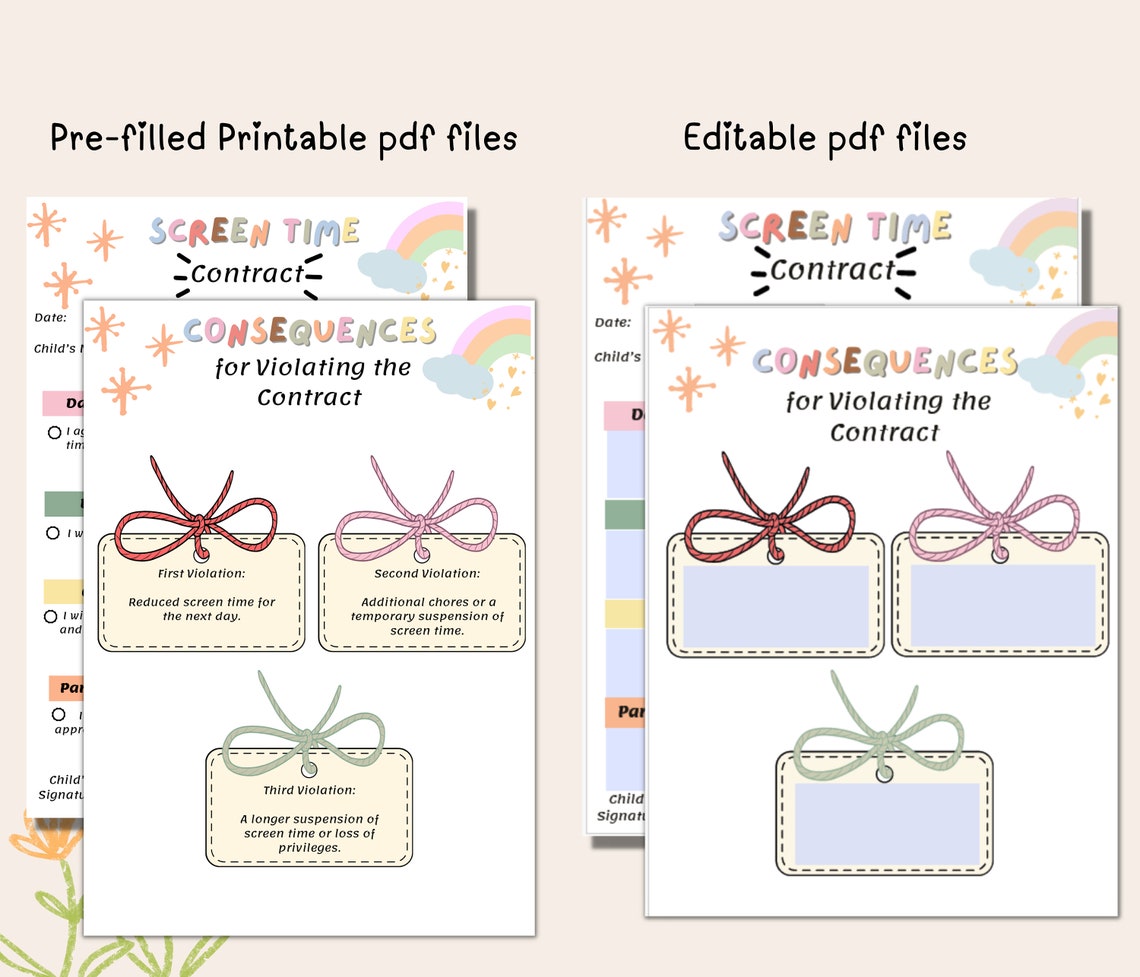 Screen Time Contract and Violation Consequences, Printable Screen Time ...