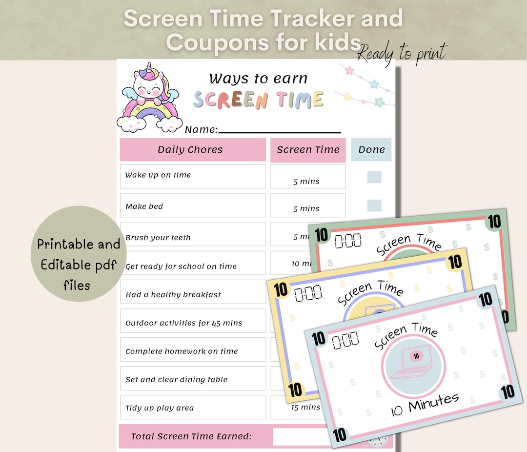 Screen Time Checklist, Screen Time Coupons Printable, Earn Screen Time ...