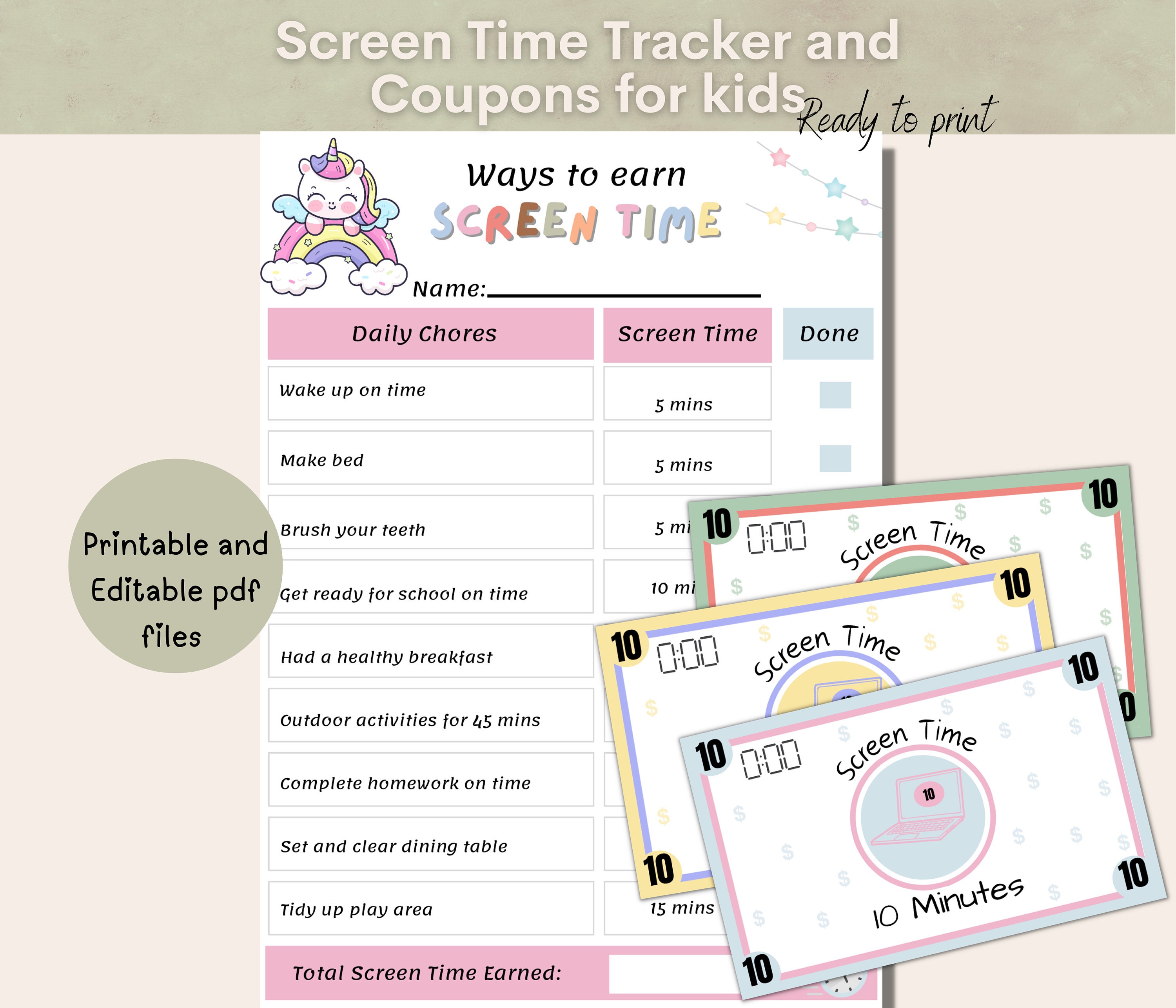 Screen Time Checklist, Screen Time Coupons Printable, Earn Screen Time ...