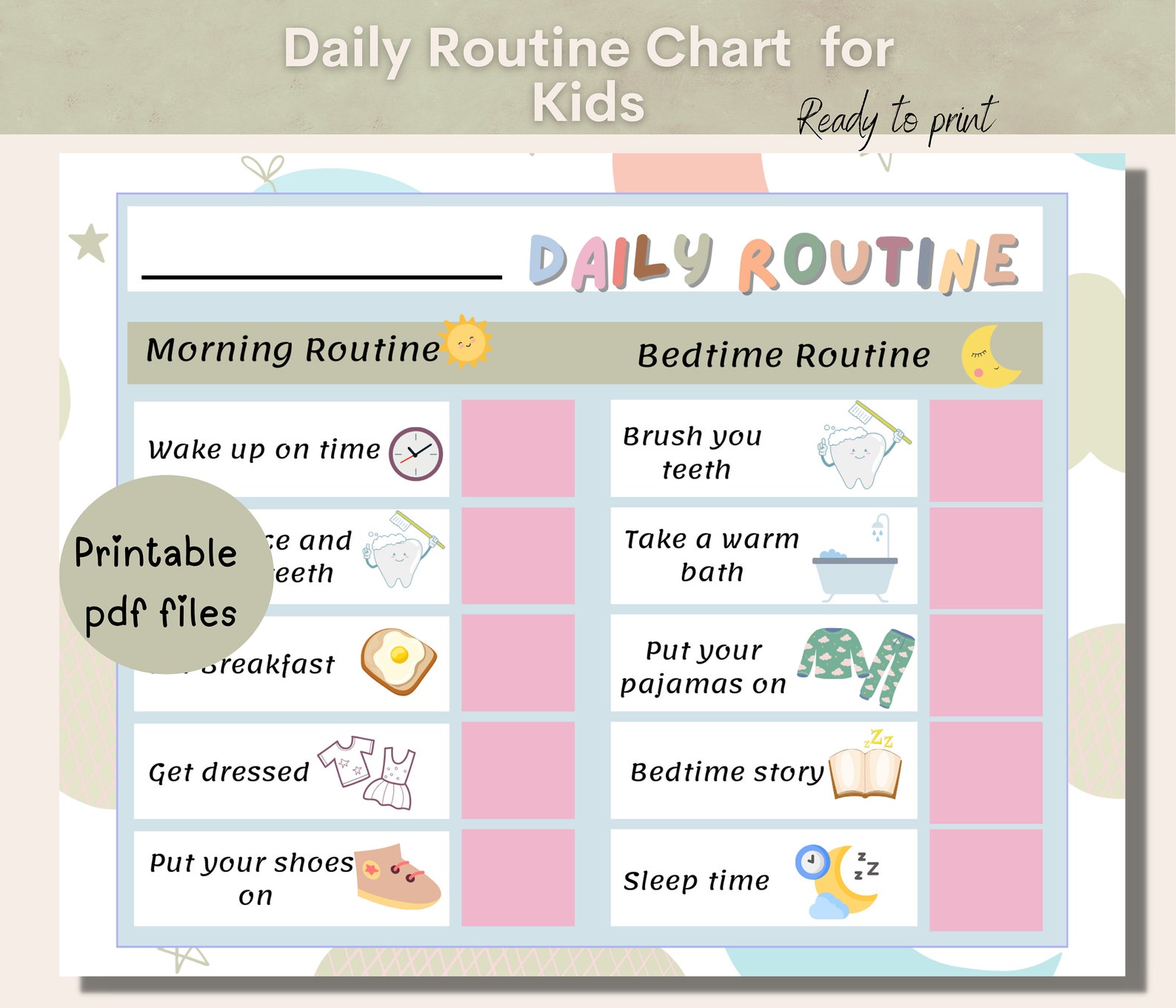 Kids Morning and Night Time Routine, Bedtime Routine Chart Printable ...