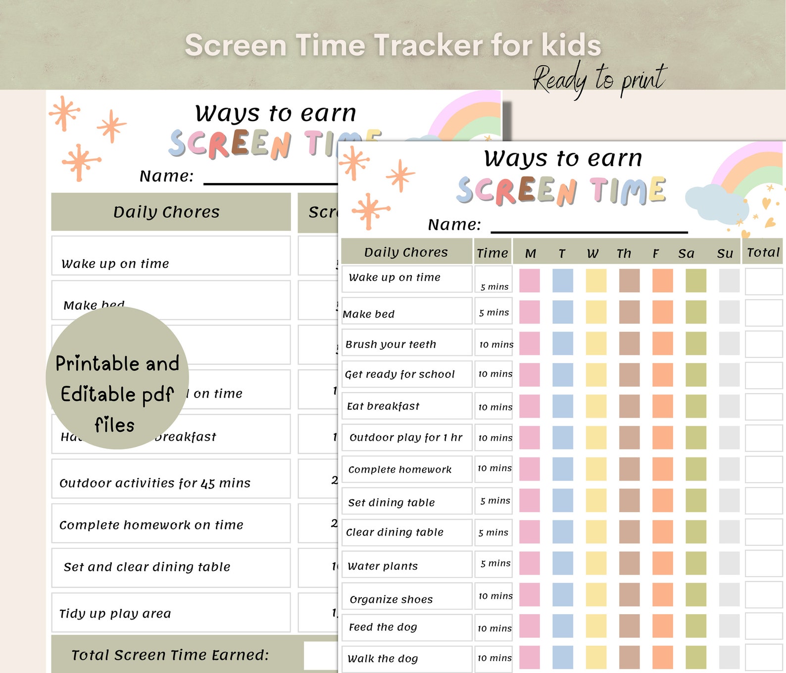 Screen Time Tracker for Kids, Editable Screen Time Checklist, Earn ...