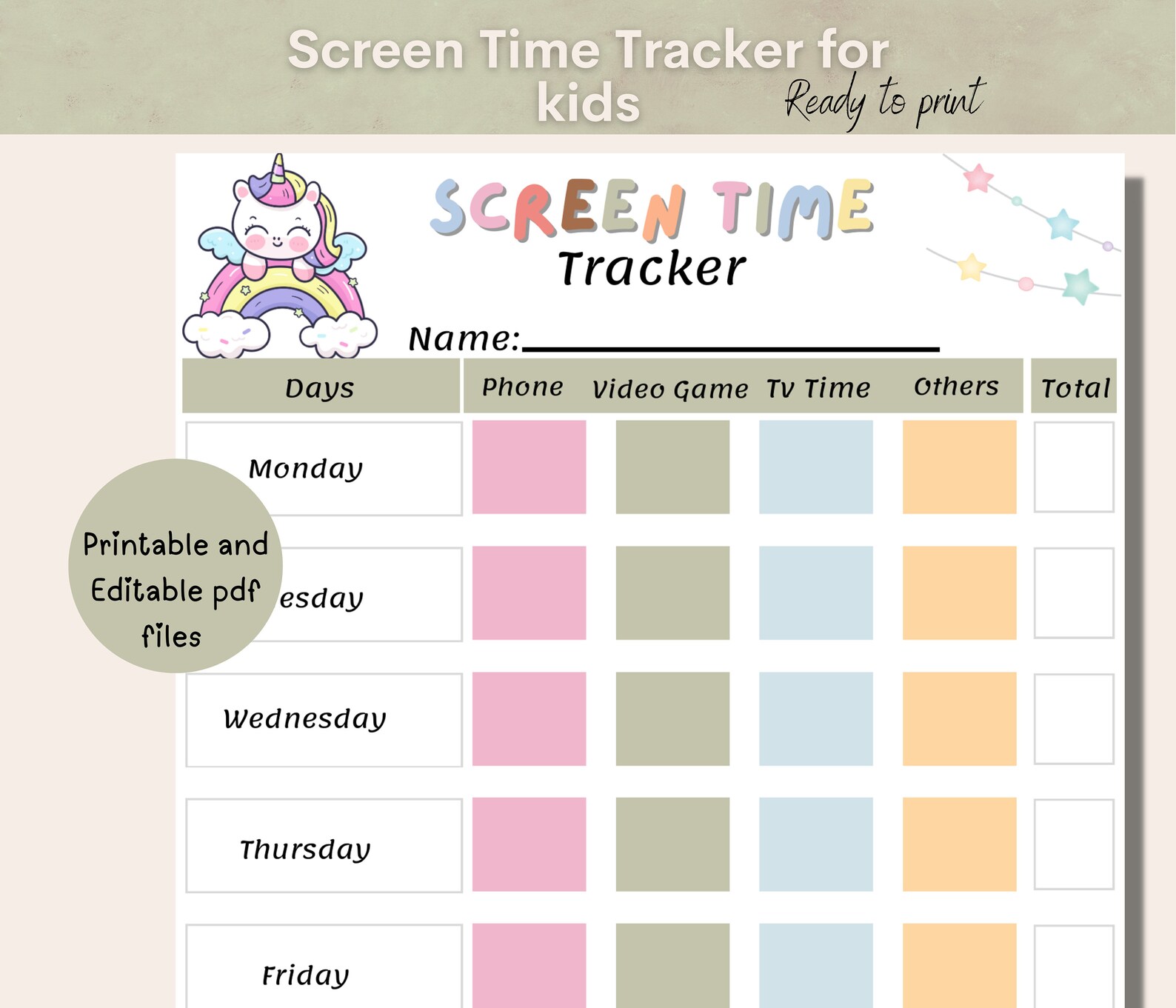 Screen Time Tracker for Kids, Printable Weekly Screen Time Tracker ...