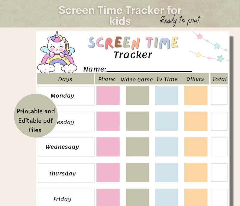 Screen Time Tracker for Kids, Printable Weekly Screen Time Tracker ...