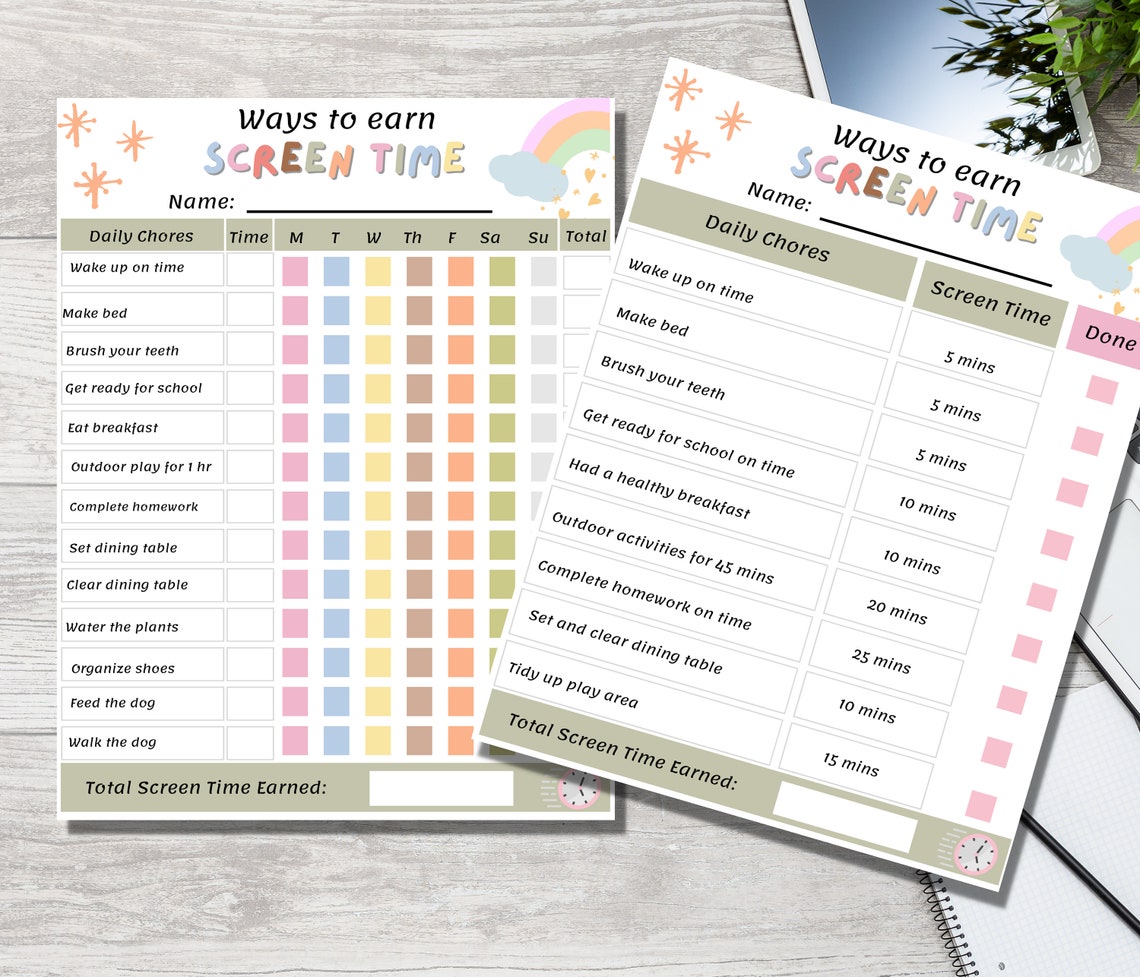 Screen Time Tracker for Kids, Editable Screen Time Checklist, Earn ...